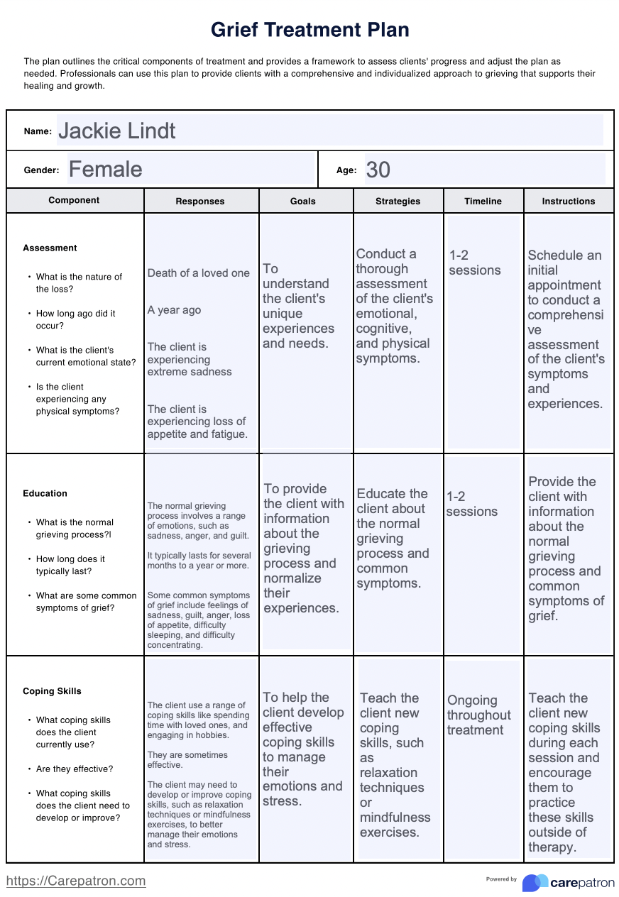 Grief Treatment Plan & Example | Free PDF Download